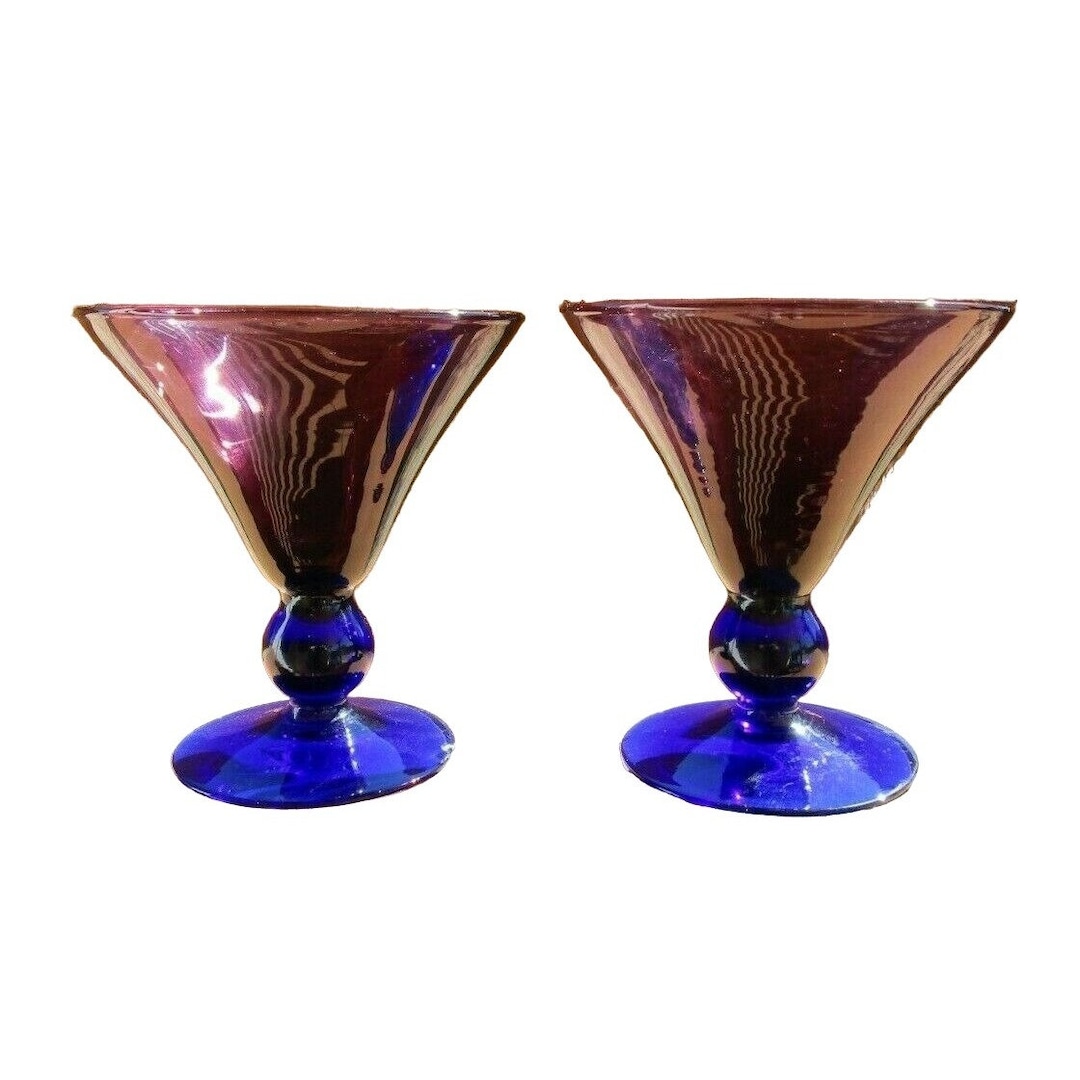 Cobalt Ball Stem Amethyst Vessel Short Martini Pair Cocktail Glasses ...