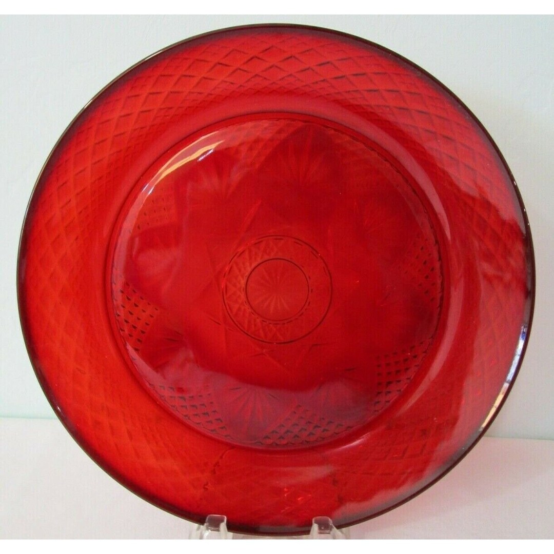 Ruby Red Flash Diamond, Fan and Star Pressed Glass 10" Round Plate ...