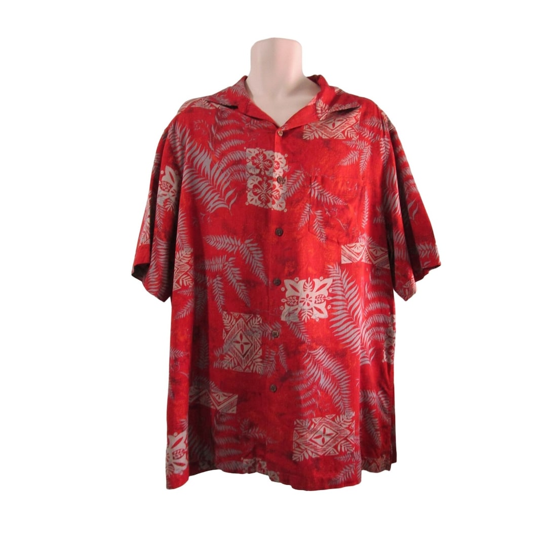 Caribbean Silk Blend Red Gray Tiki Island Camp Aloha Shirt Mens XLT EUC ...
