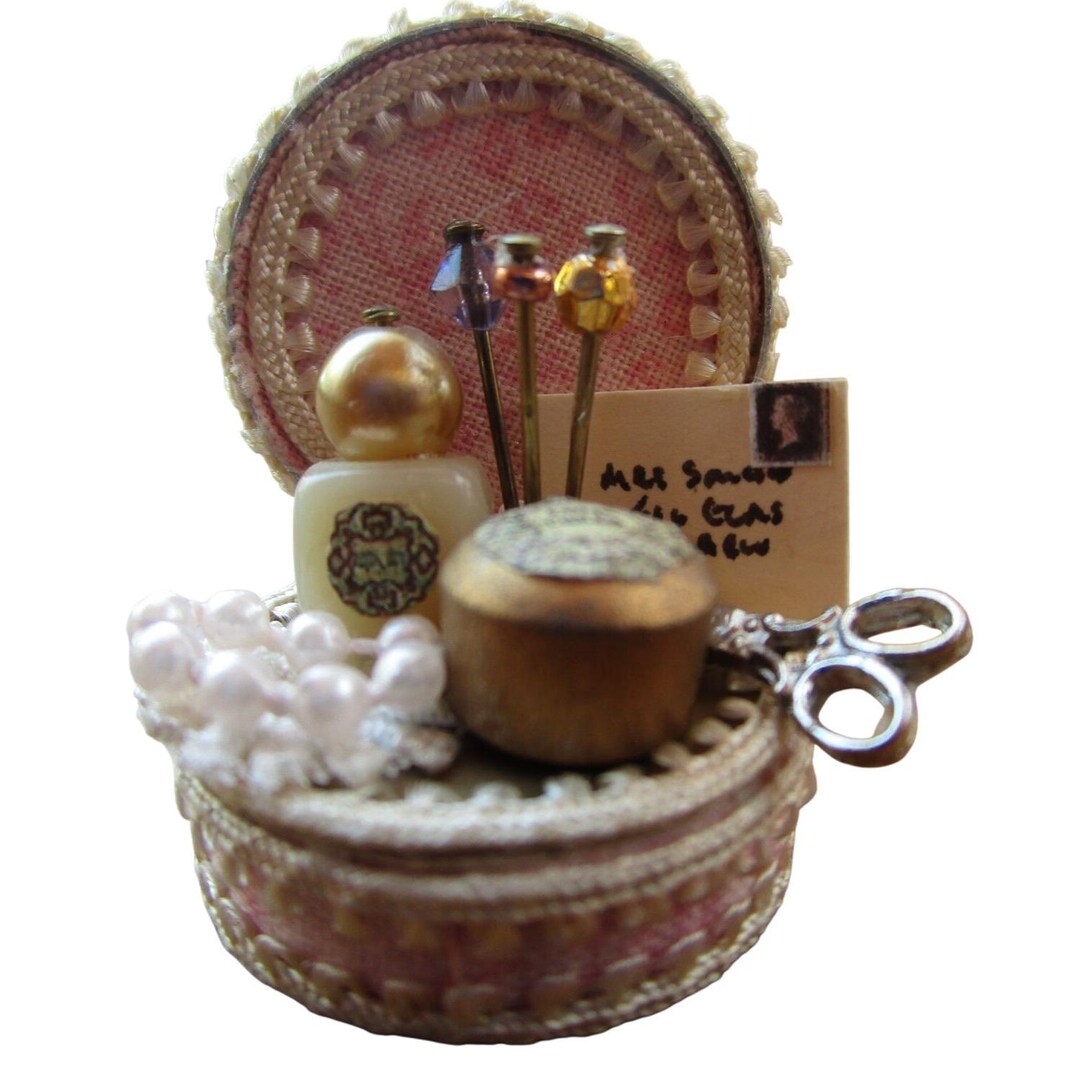 Doll House Miniature Vintage Hat Box Sewing Kit Pink Lace Trim GUC - Etsy