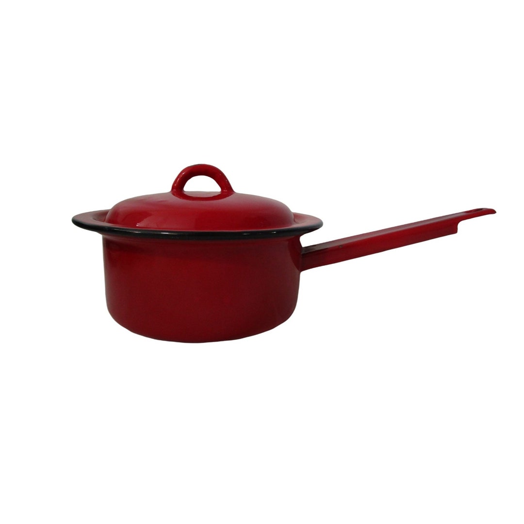 Vintage Red Enamel Sauce Pan With Lid White Interior Black Trim GUC - Etsy
