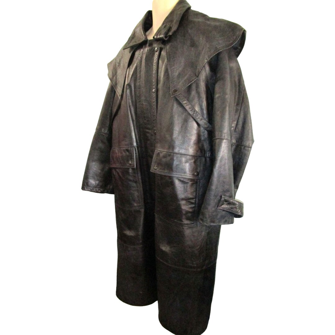 Black Leather Cowboy Motorcycle Lined Full Duster Leg Straps Rain Cape ...