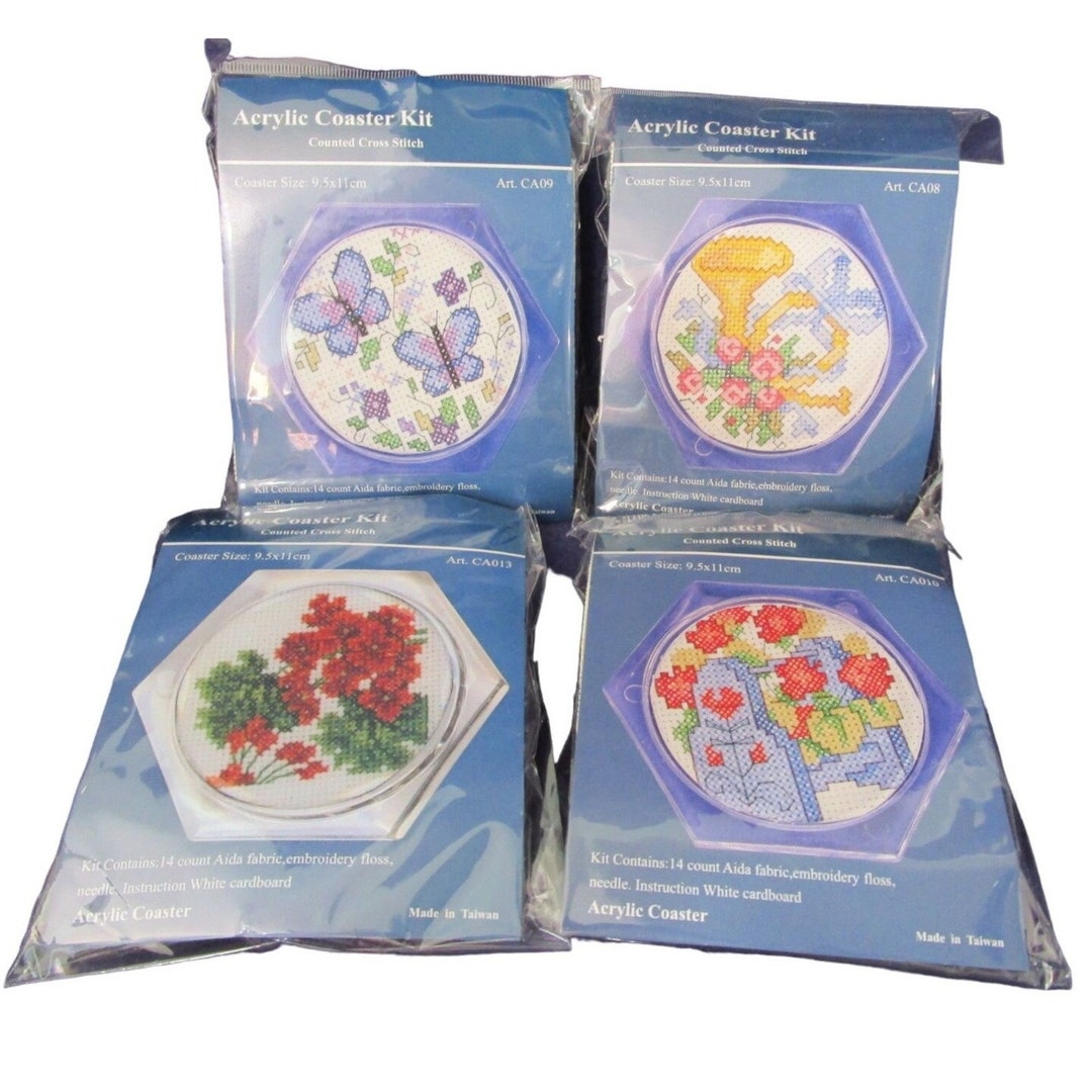 Counted Cross Stitch Acrylic Coaster Kits Four New Unworked NOS ...