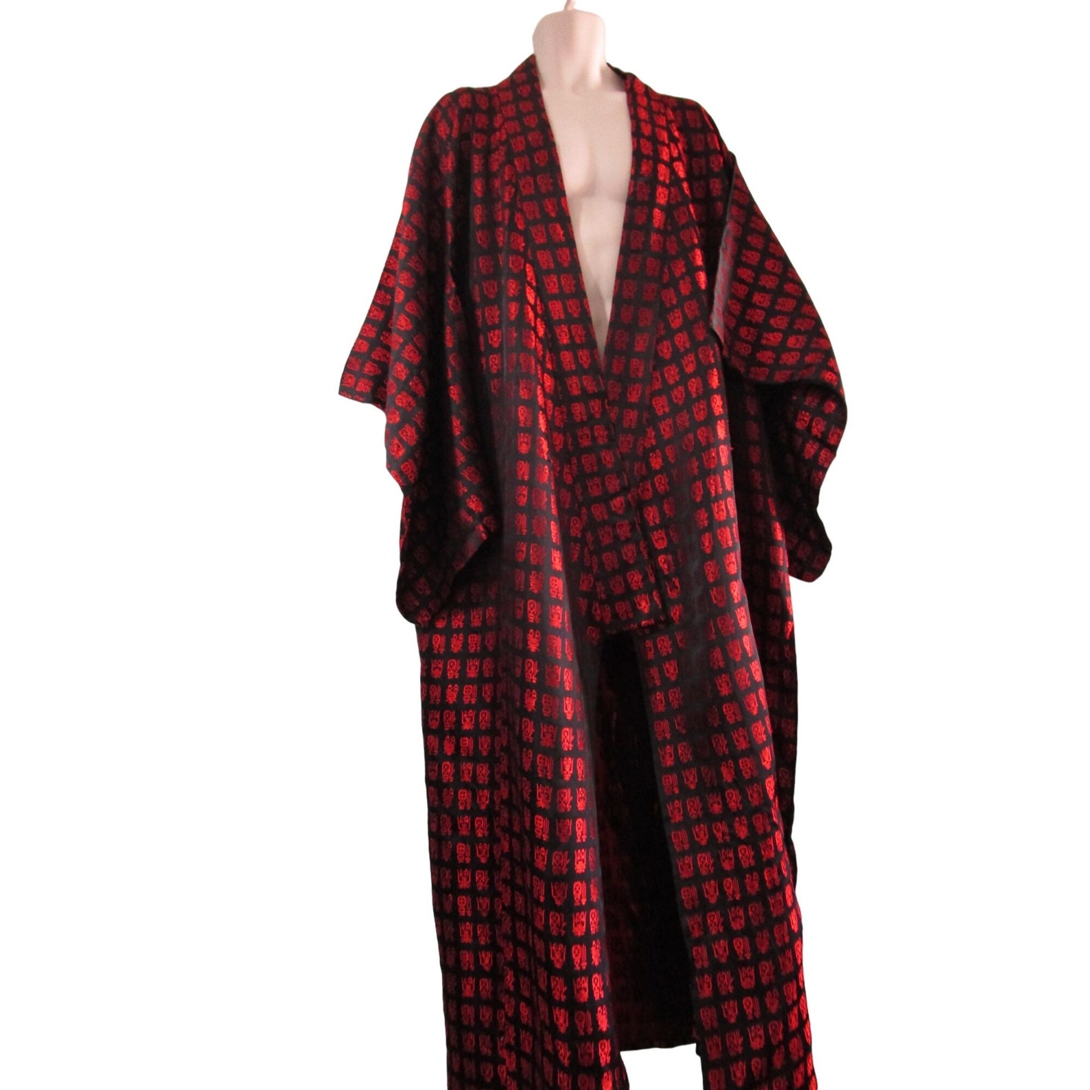 Kimono Style Robe Black Red Hanzi Funan Fu No Label Vintage EUC Sash ...
