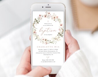 Digital Baptism Text Invitation Template, Baby Pink Flowers, Pink Baptism Text Invite, Evite ...