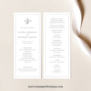 Wedding Program Template, Leaf Monogram Border, Wedding Monogram, Ceremony Program, Printable ...