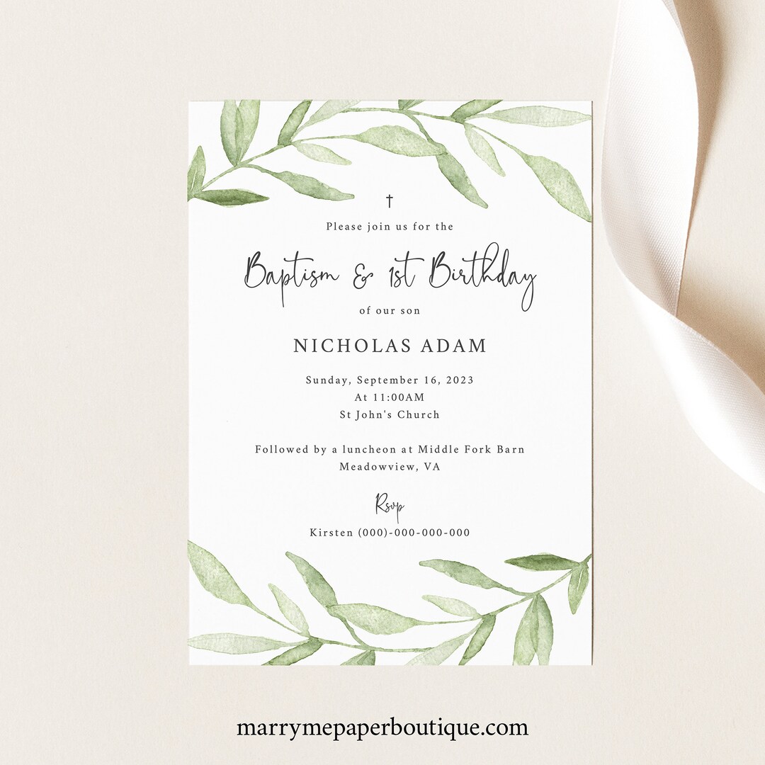 Baptism & First Birthday Invitation Template, Greenery Leaves, Baptism ...