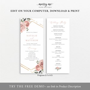 Wedding Program Template, Dusky Pink Floral, Wedding Ceremony Program ...