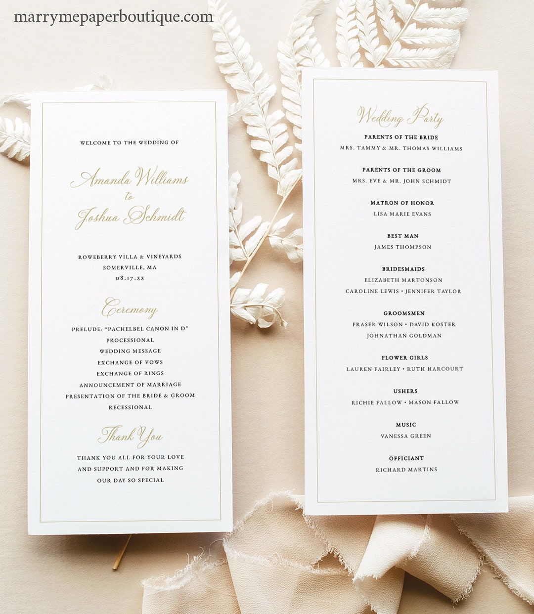 Wedding Program Template, Traditional Wedding Calligraphy in Gold, Editable, 4x9 Wedding ...
