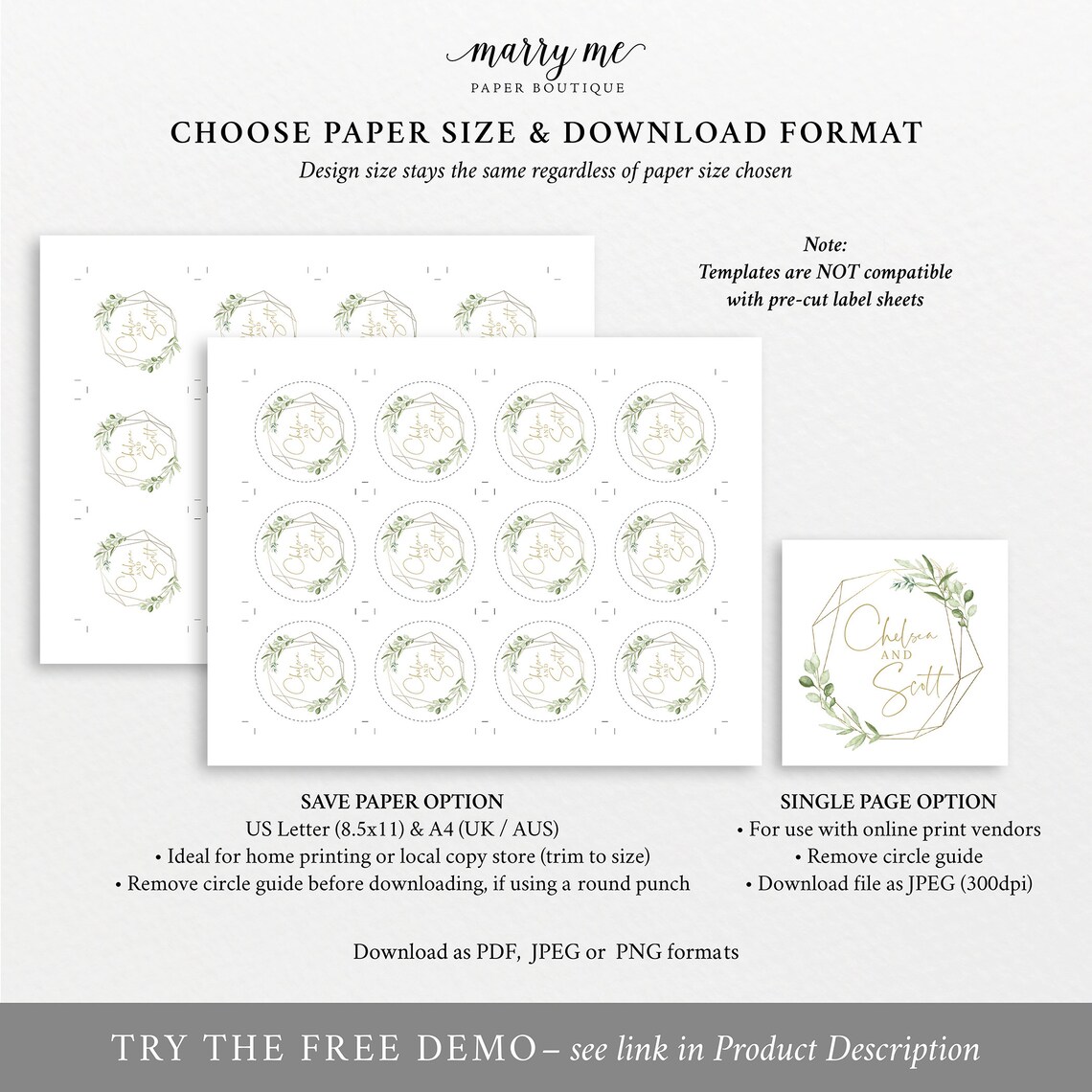 Round Favor Tag Template Greenery & Gold Round Wedding Label - Etsy