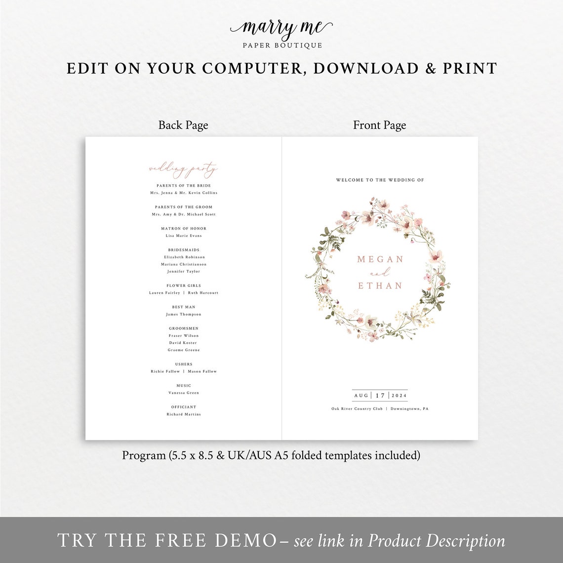 Wedding Program Template Rustic Pink Flowers Editable - Etsy