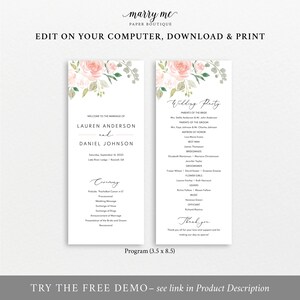 Wedding Program Template, Blush Pink Floral, Editable Instant Download ...