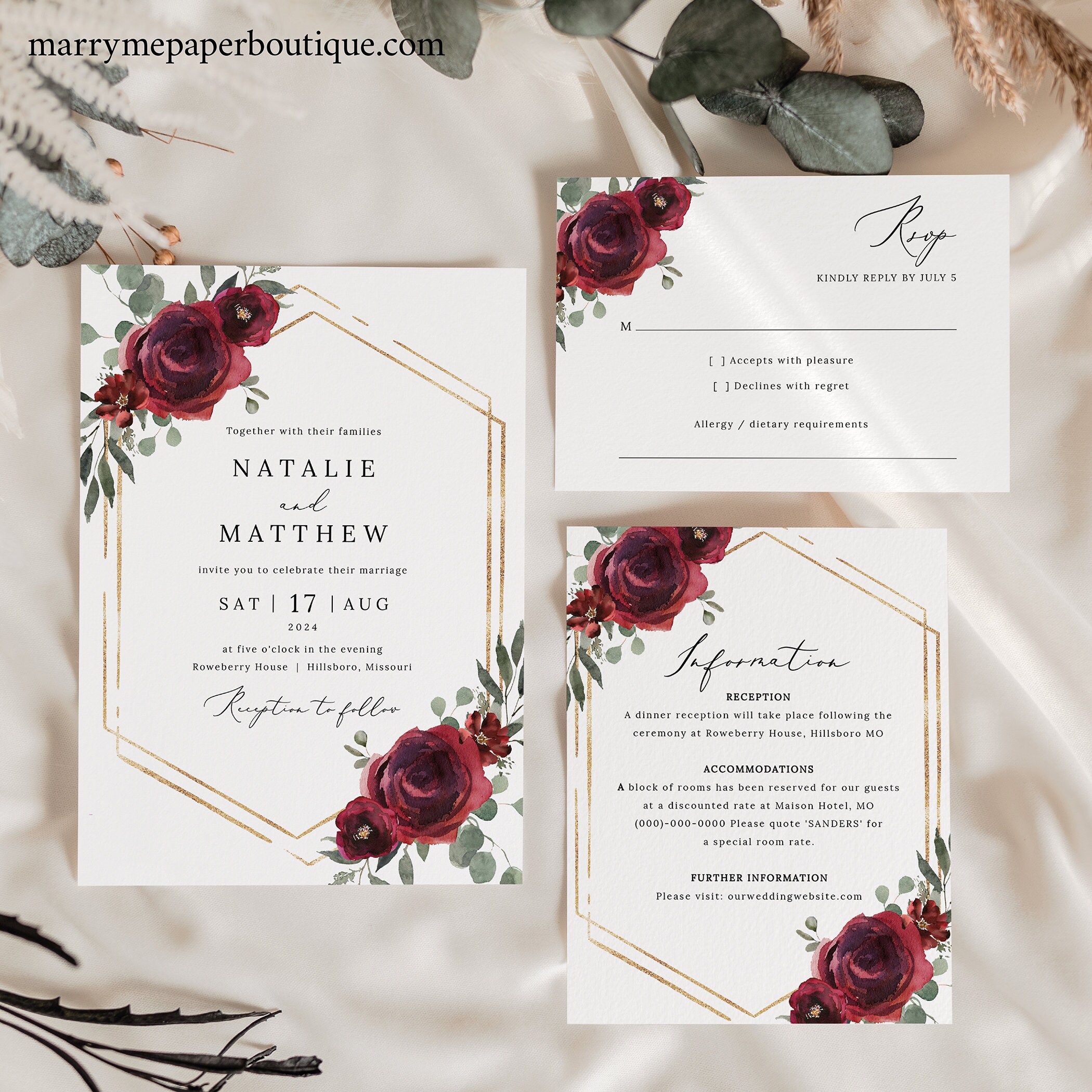 Wedding Invitation Template Set Elegant Burgundy Floral | Etsy