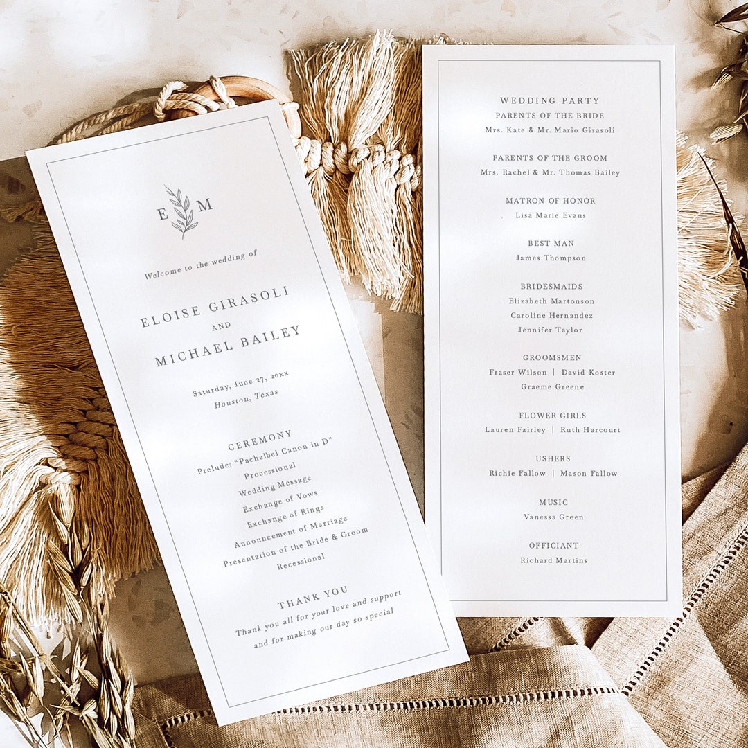 Wedding Program Template, Leaf Monogram Border, Wedding Monogram ...
