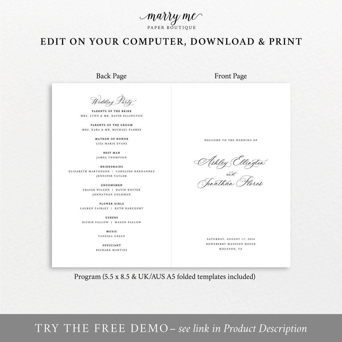 Folding Wedding Program Template Elegant Classic Calligraphy | Etsy