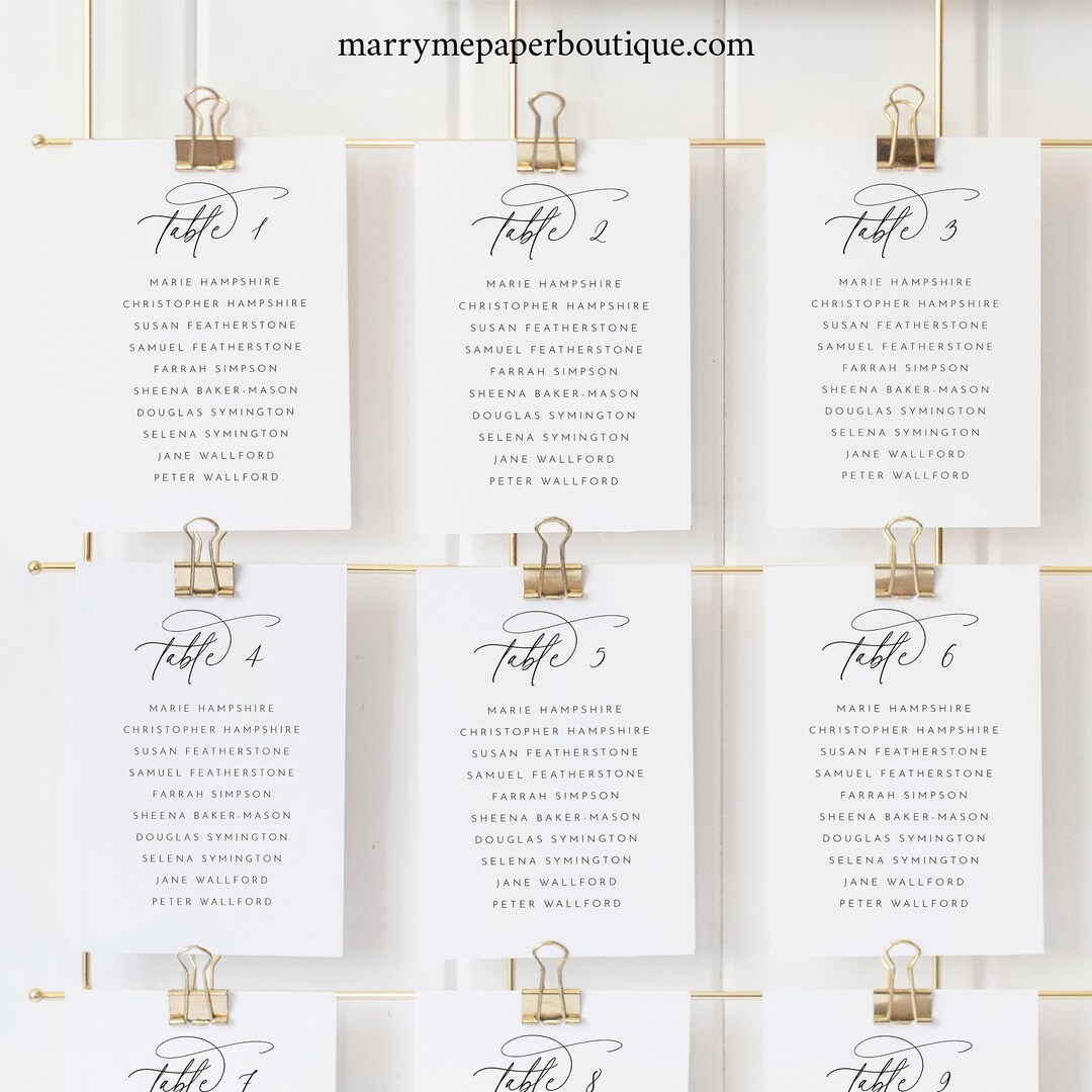 Wedding Seating Chart Cards Template, Pretty Calligraphy, 4x6, Editable ...