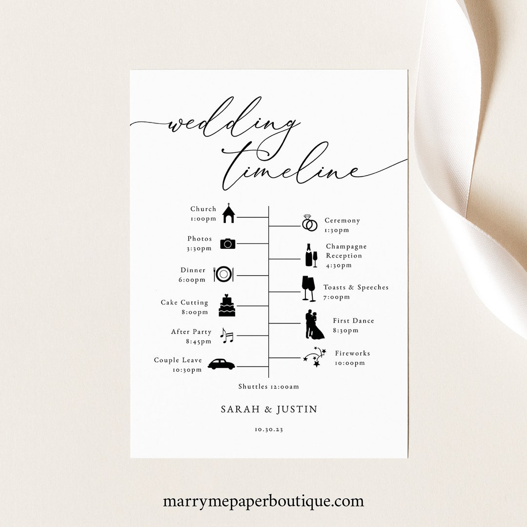 Wedding Timeline Card Template, Classic & Elegant, Wedding Itinerary ...