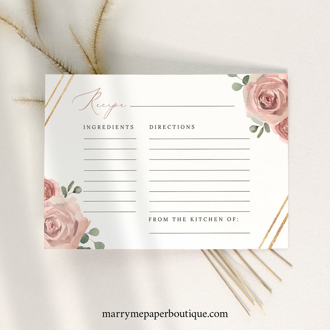 Recipe Card Template Dusky Pink Floral Recipe Card | Etsy UK
