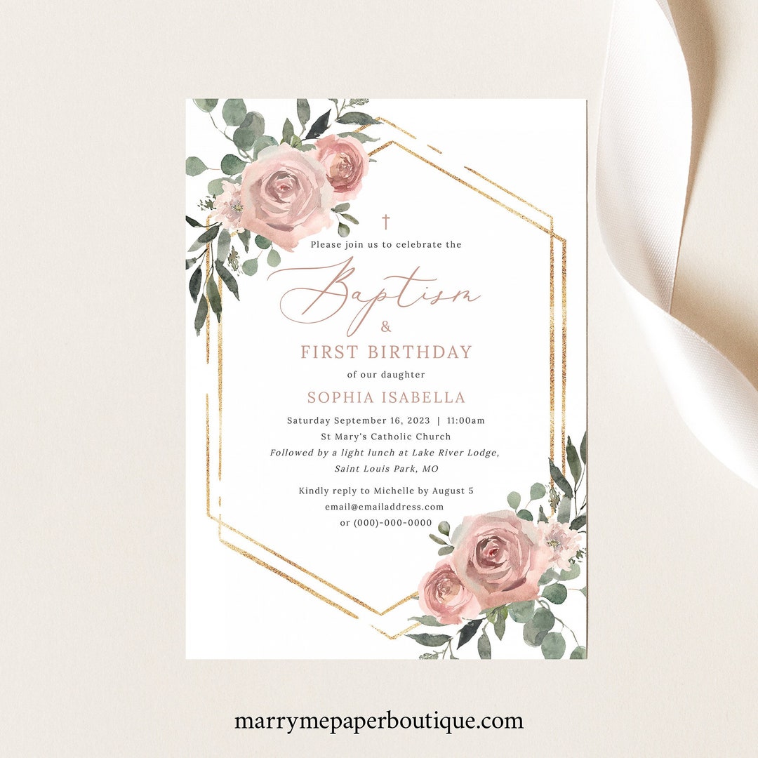 Baptism & First Birthday Invitation Template, Dusky Pink Floral ...