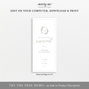 Reserved Seating Sign Template, Botanical Crest, 4x9, Editable ...