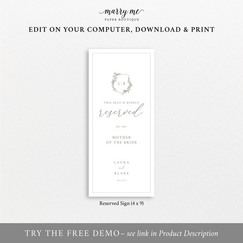 Reserved Seating Sign Template Botanical Crest 4x9 - Etsy