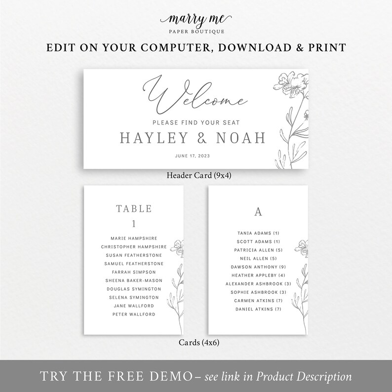 Seating Cards Template With Header Card Elegant Botanical | Etsy