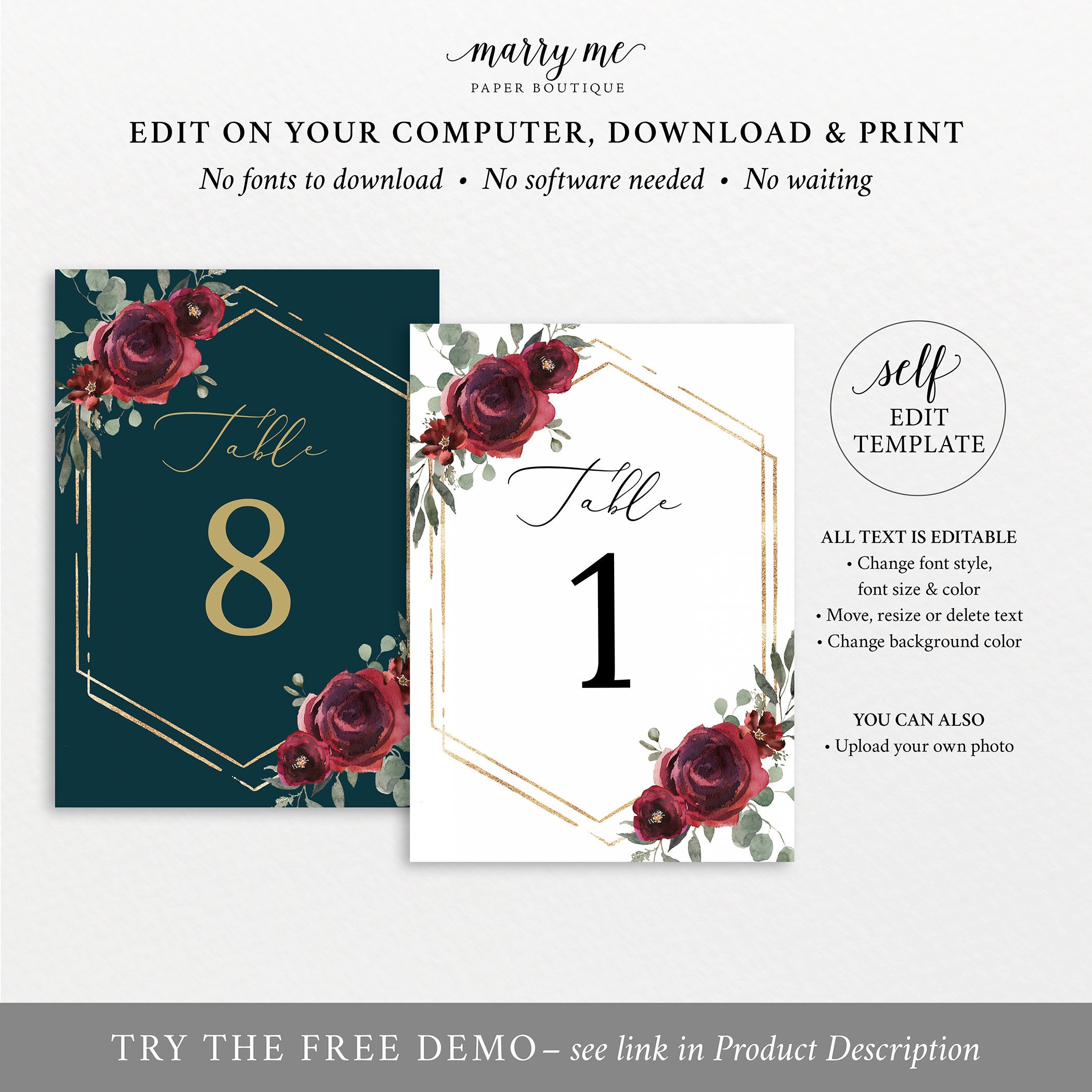 Table Number Template Elegant Burgundy Floral Wedding Table - Etsy