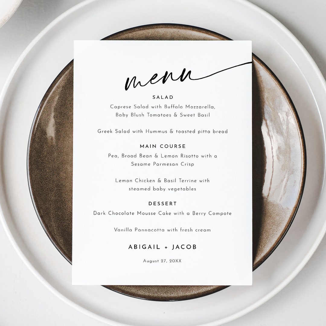 Wedding Menu Template, Modern Minimalist Calligraphy, 5x7 Menu ...