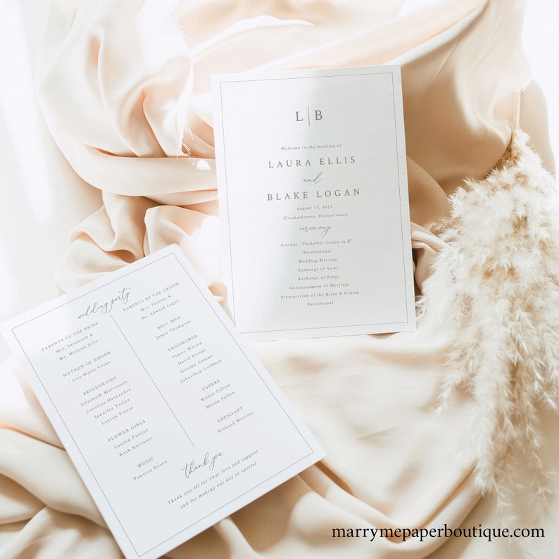 Wedding Program Template Monogram & Border Elegant Wedding | Etsy