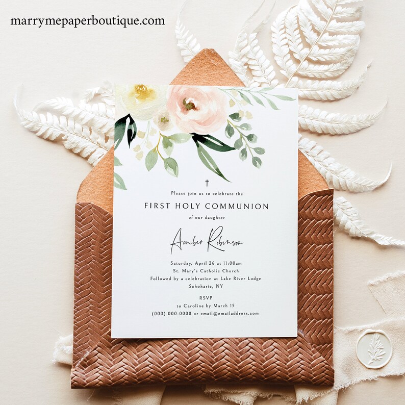 First Holy Communion Invitation Template Pink Floral - Etsy