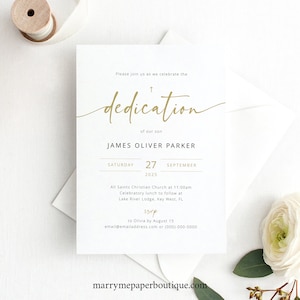 Dedication Invitation Template, Gold Modern Script, Printable, Editable ...