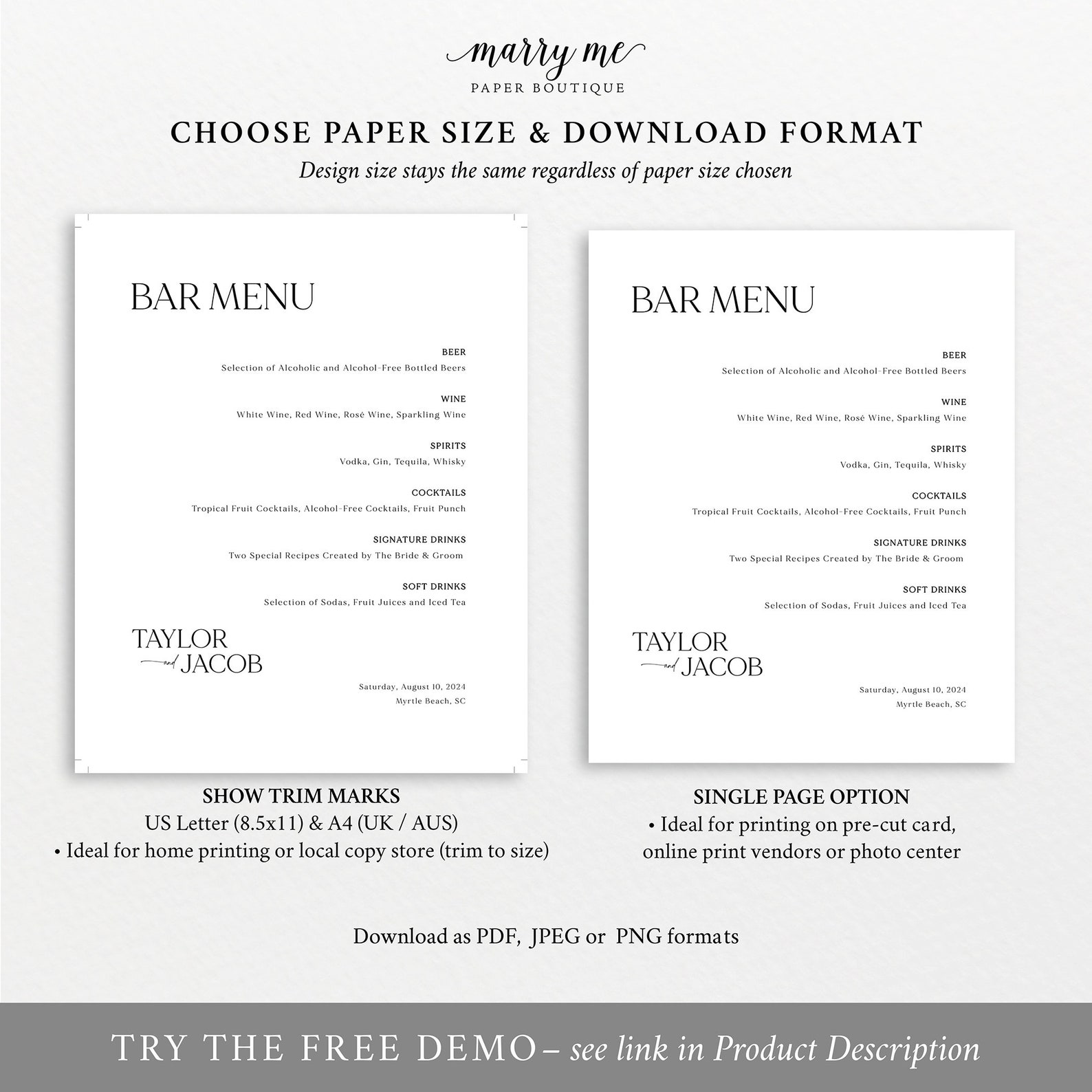 Wedding Bar Menu Template Modern & Classic Editable Drinks - Etsy