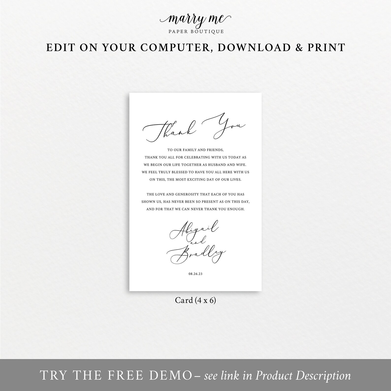 Thank You Note Template Elegant Script Wedding Thank You | Etsy