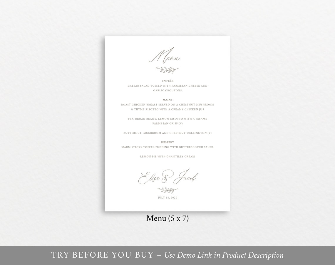 Wedding Menu Template 5x7 Elegant Font Design Try Before - Etsy