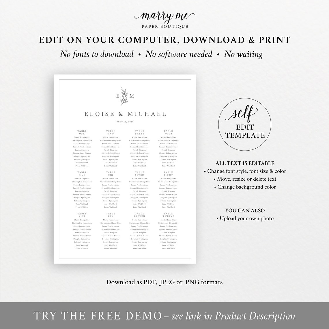 Wedding Seating Plan Template Leaf Monogram Border Seating | Etsy