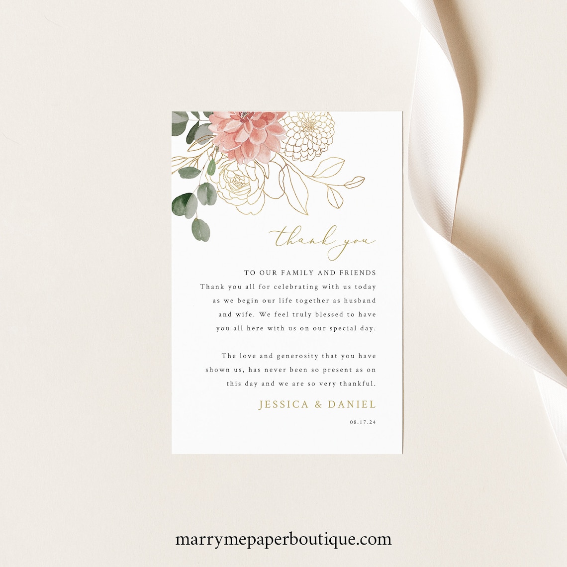 Wedding Guest Thank You Letter Template Blush & Gold Flowers - Etsy