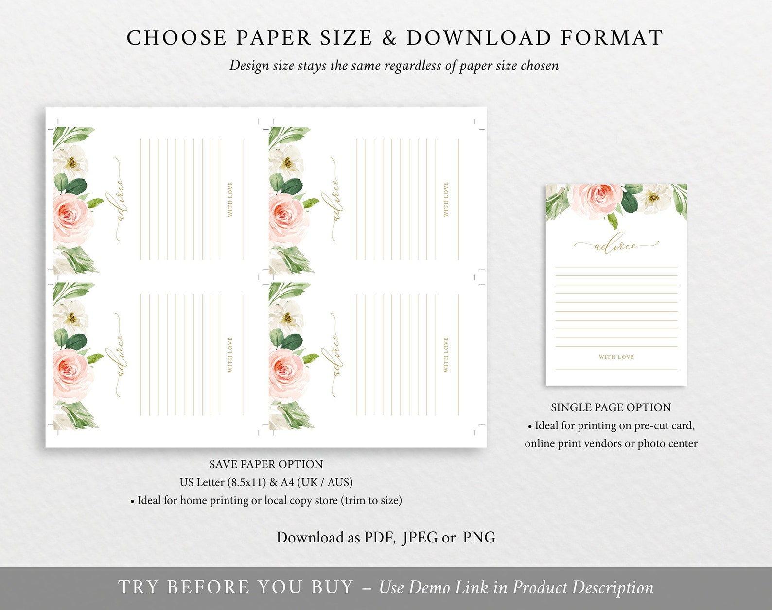 Advice Card Template Blush Floral Editable Instant Download - Etsy