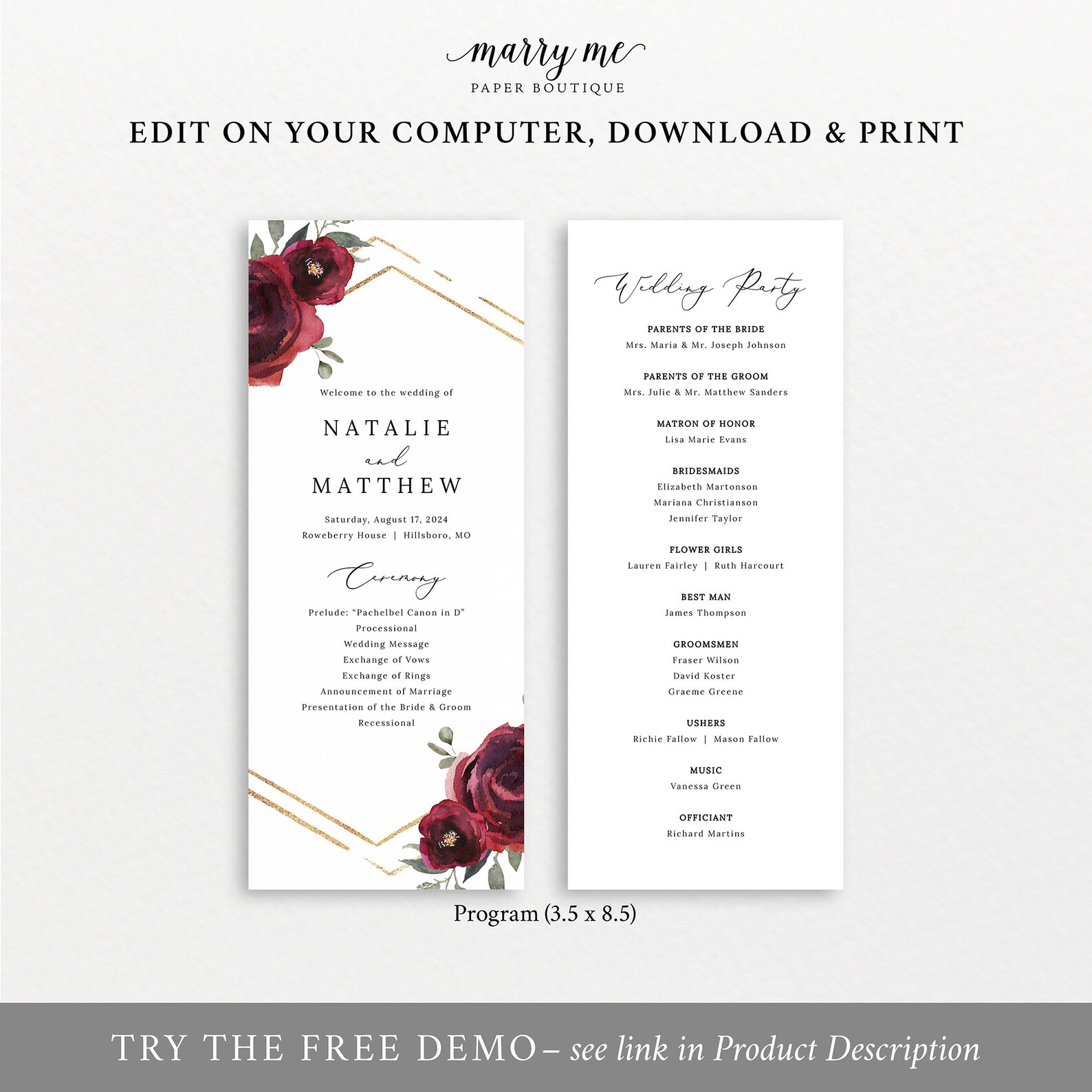 Wedding Program Template Elegant Burgundy Floral Editable - Etsy