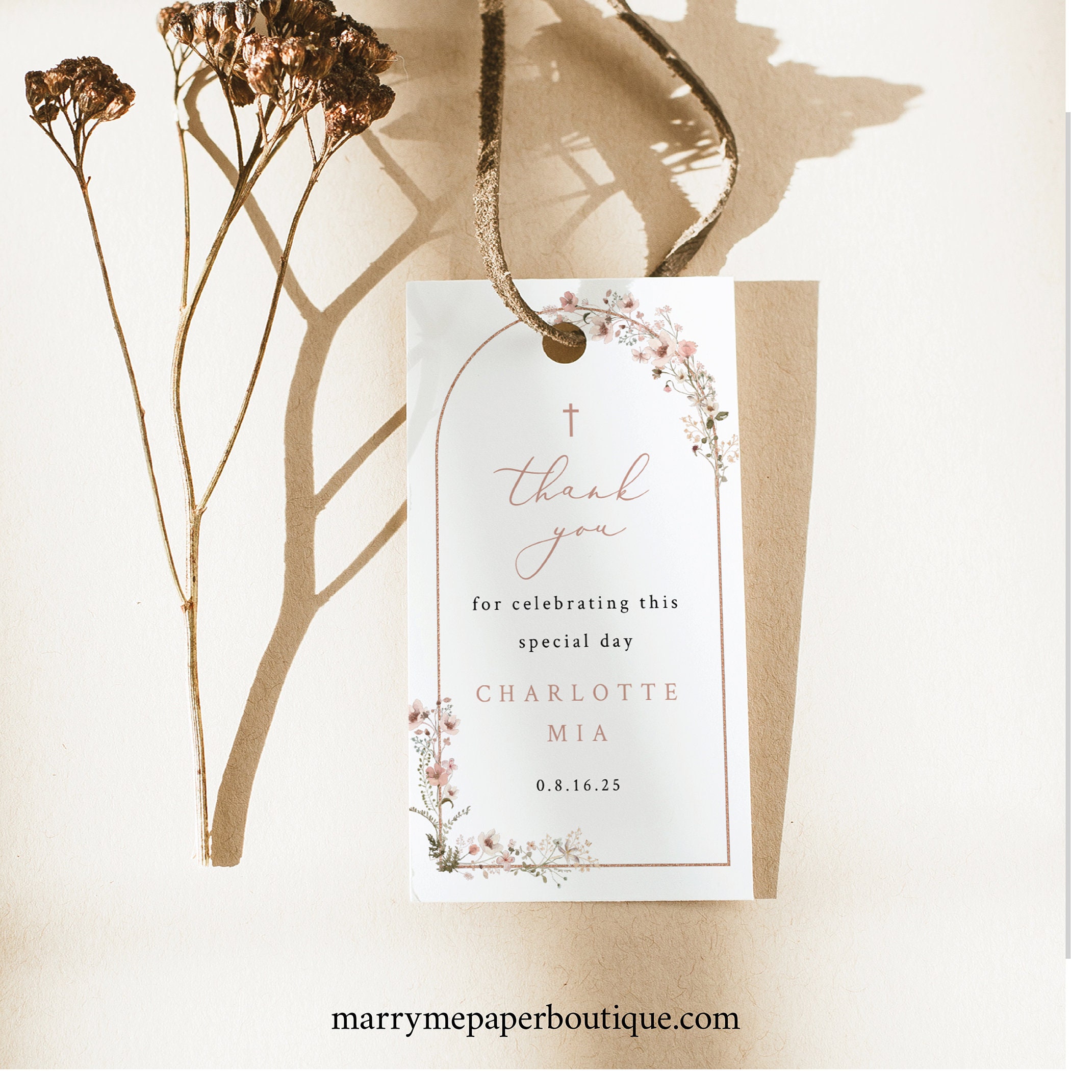 Baptism Tag Template Rustic Pink Flowers Arch Editable Pink - Etsy Canada