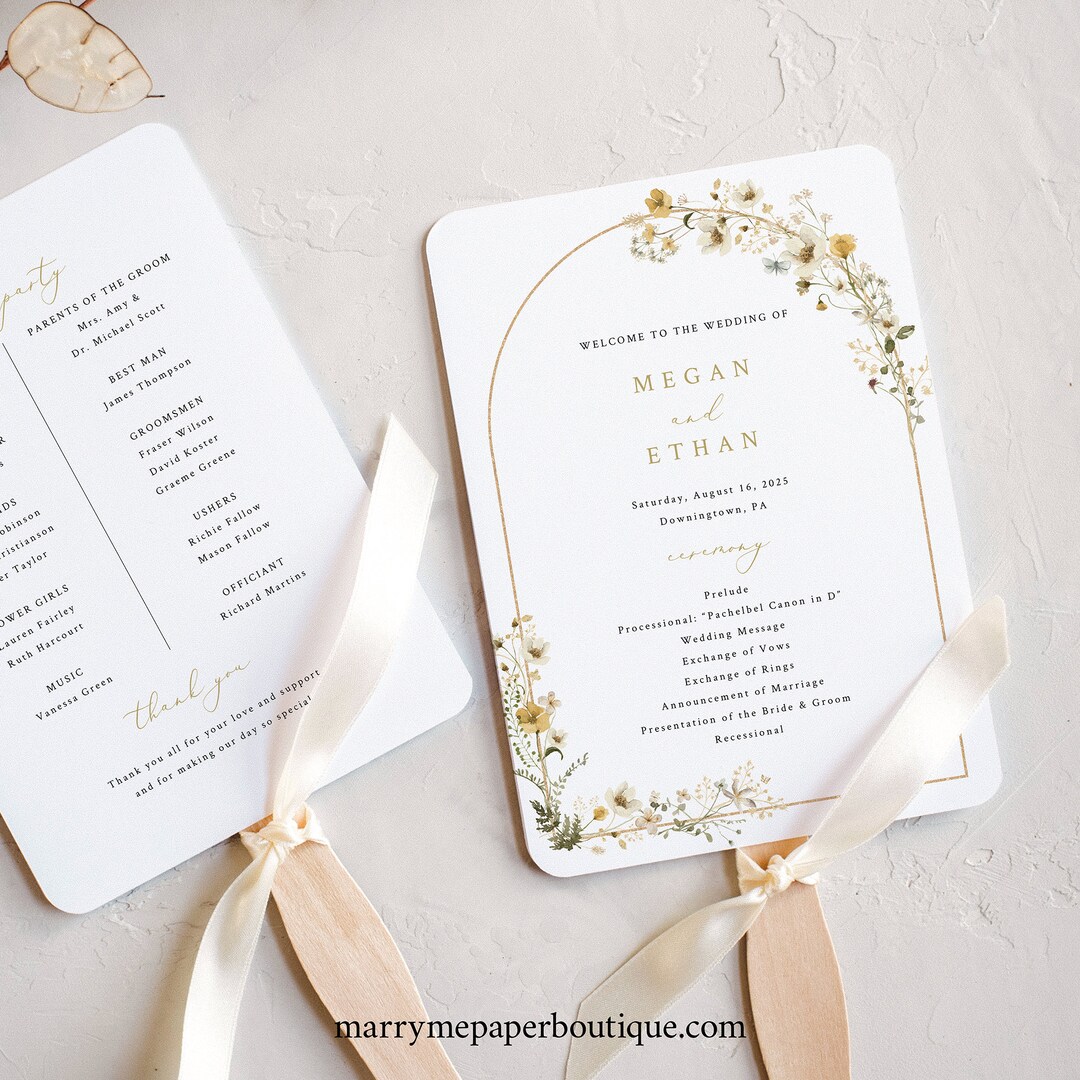 Wedding Program Fan Template, Rustic Yellow Flowers Arch, Editable ...