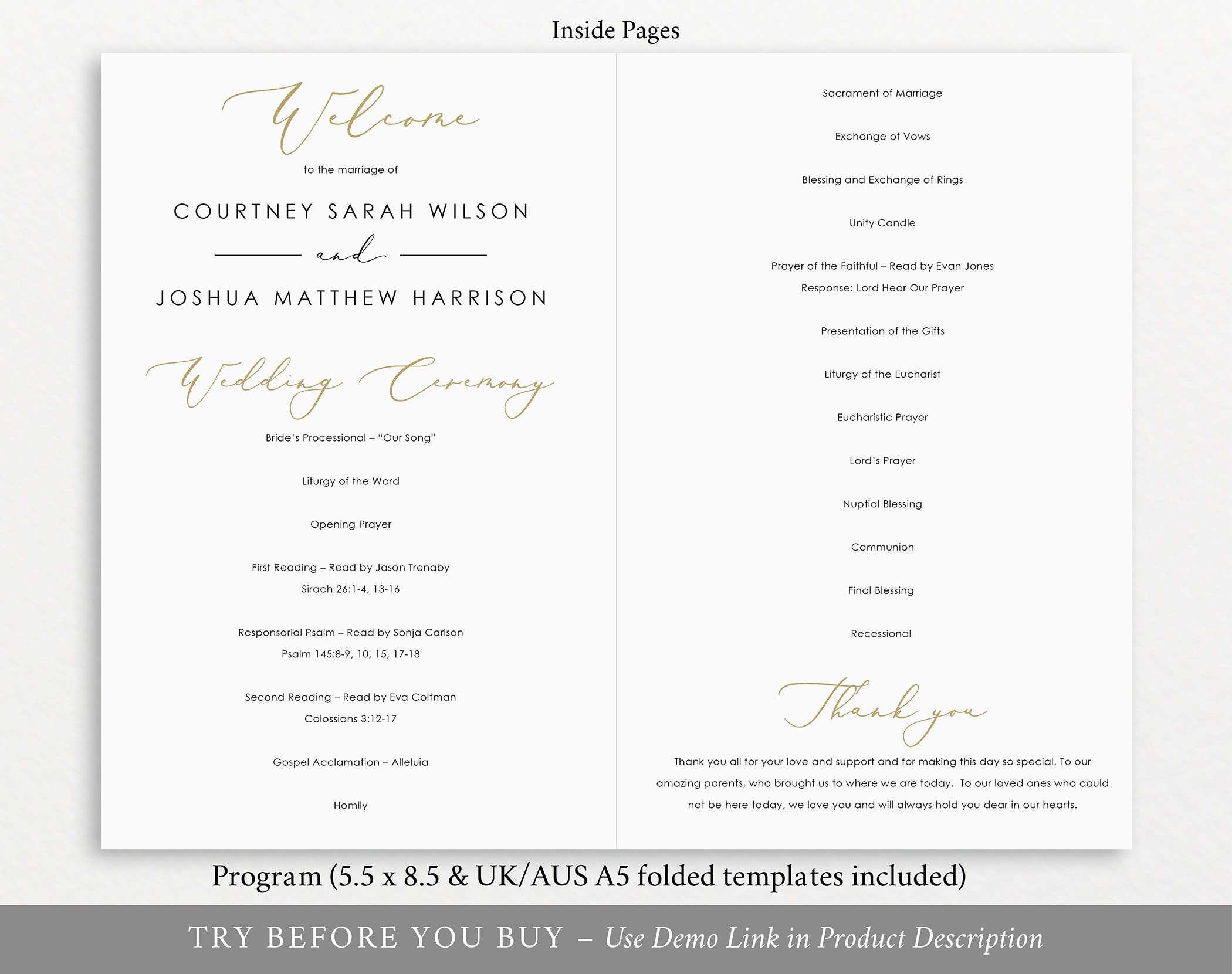 Wedding Program Template Elegant Gold Script Demo Available | Etsy