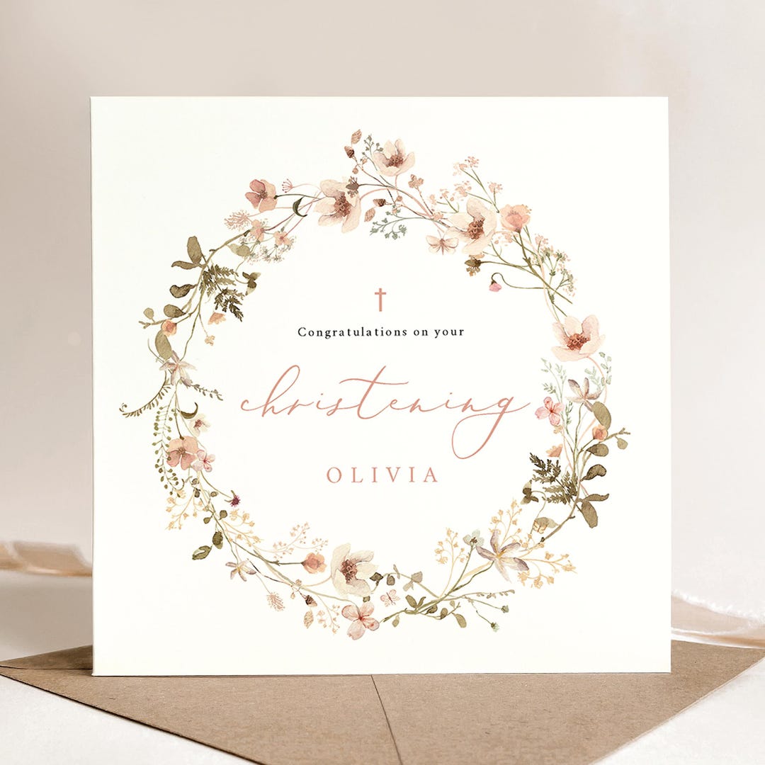 Personalised Christening Card: Rustic Pink Floral Design - Etsy
