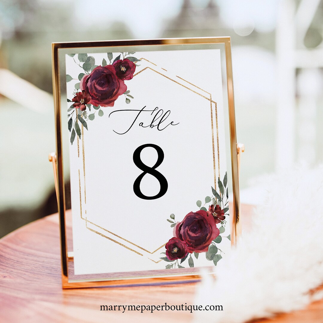 Table Number Template, Elegant Burgundy Floral, Wedding Table Number ...