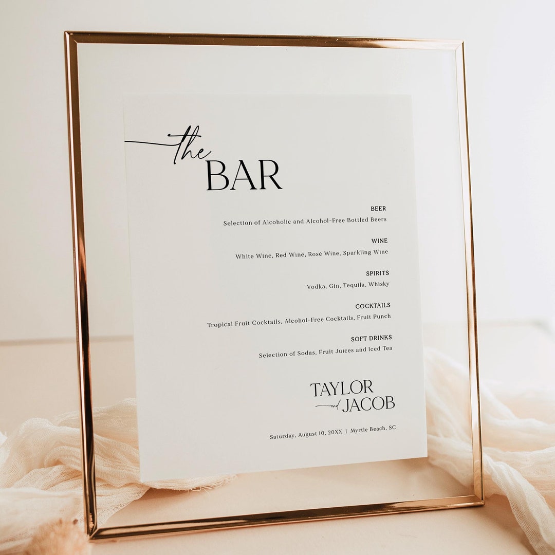 Bar Menu Sign Template, Modern & Classic, 8x10, Modern Wedding Drinks ...