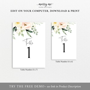 Table Number Template, Pink Floral Greenery, Ivory, Printable Table ...