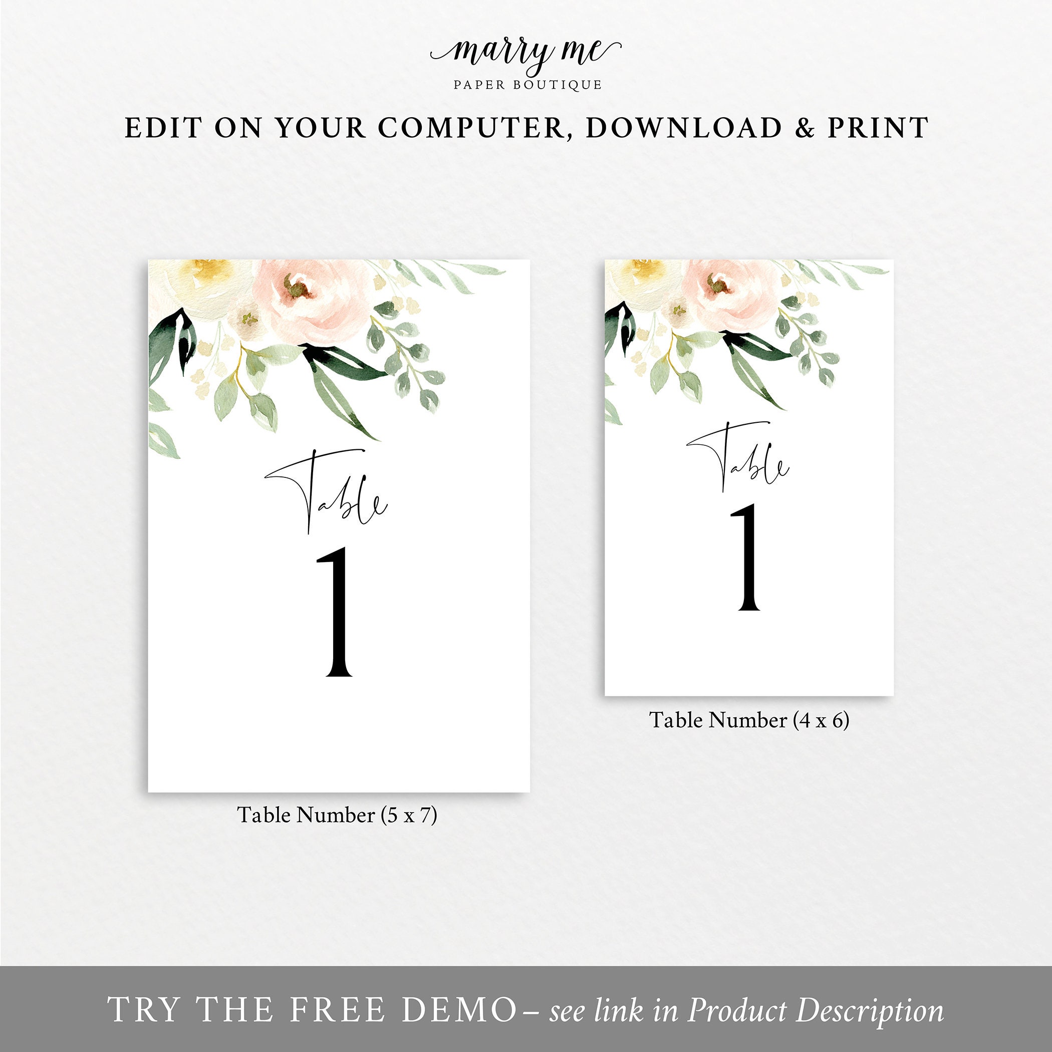 Table Number Template Pink Floral Greenery Ivory Printable - Etsy