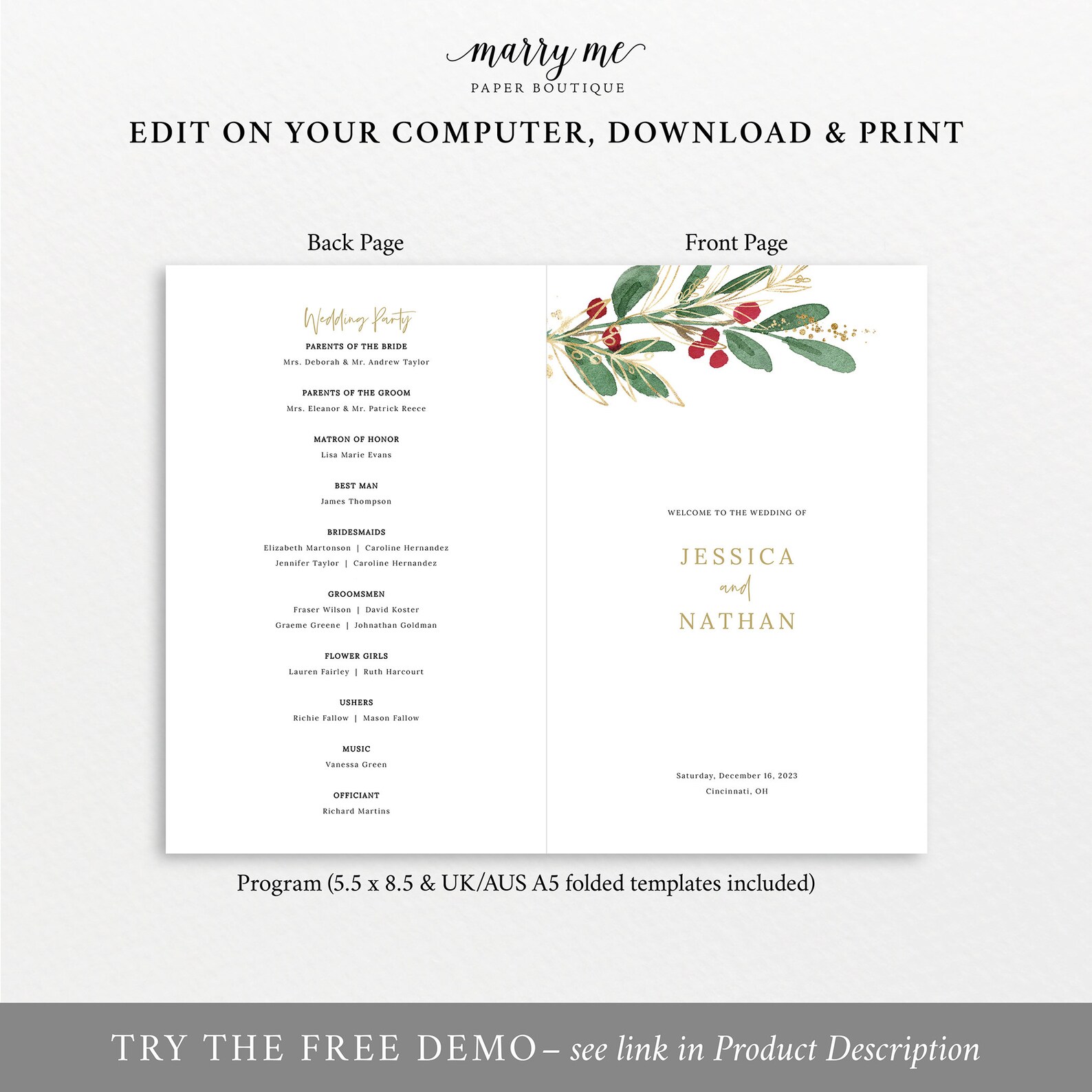 Winter Wedding Program Template Folded Program Printable - Etsy