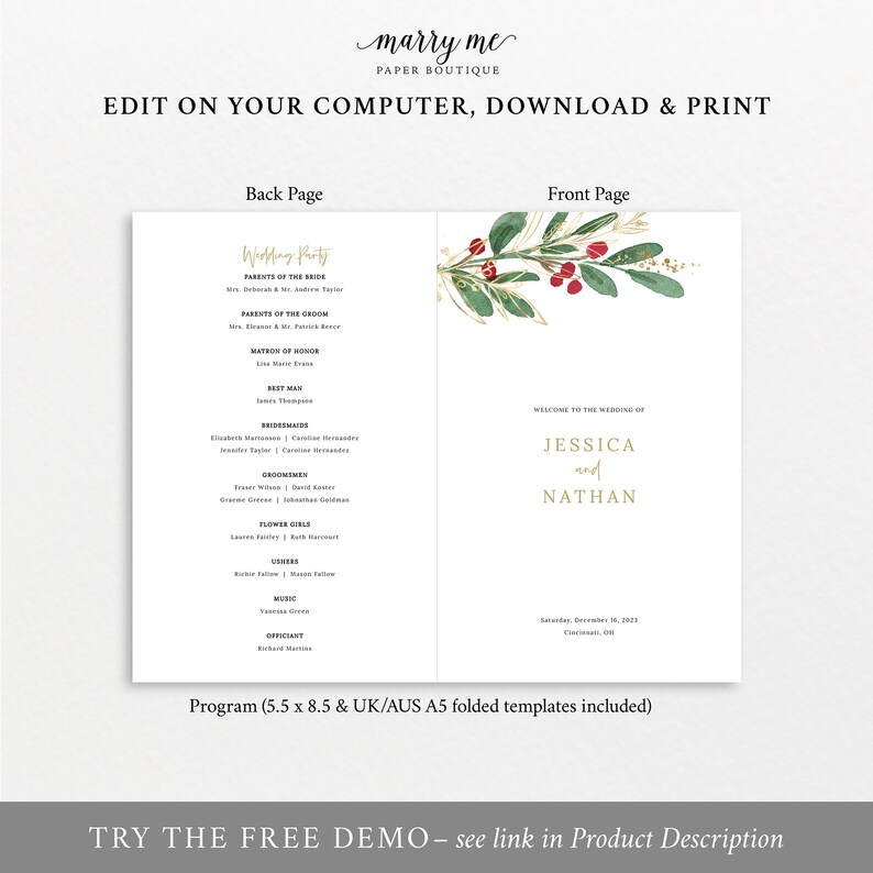 Winter Wedding Program Template Folded Program Printable | Etsy