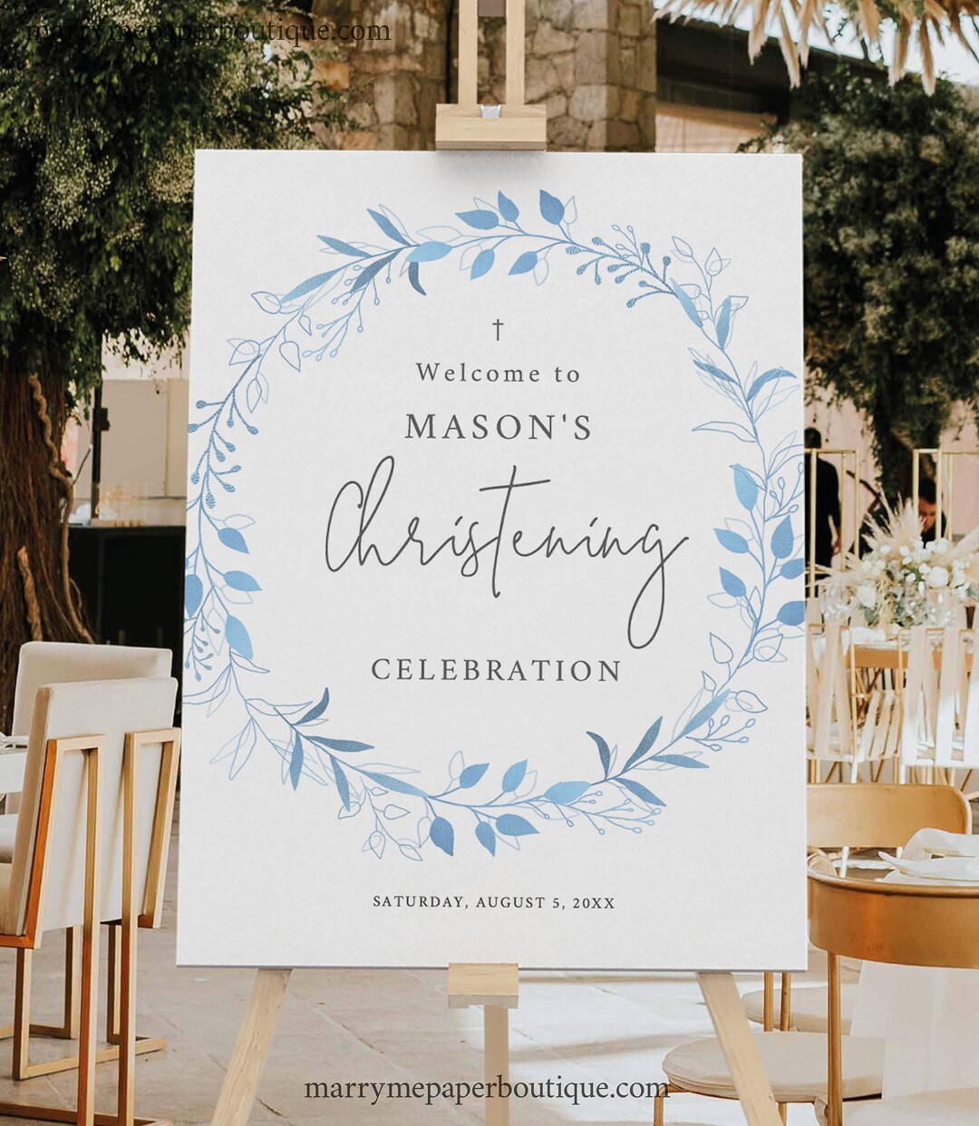 Blue Christening Welcome Sign Template Light Blue Wreath - Etsy