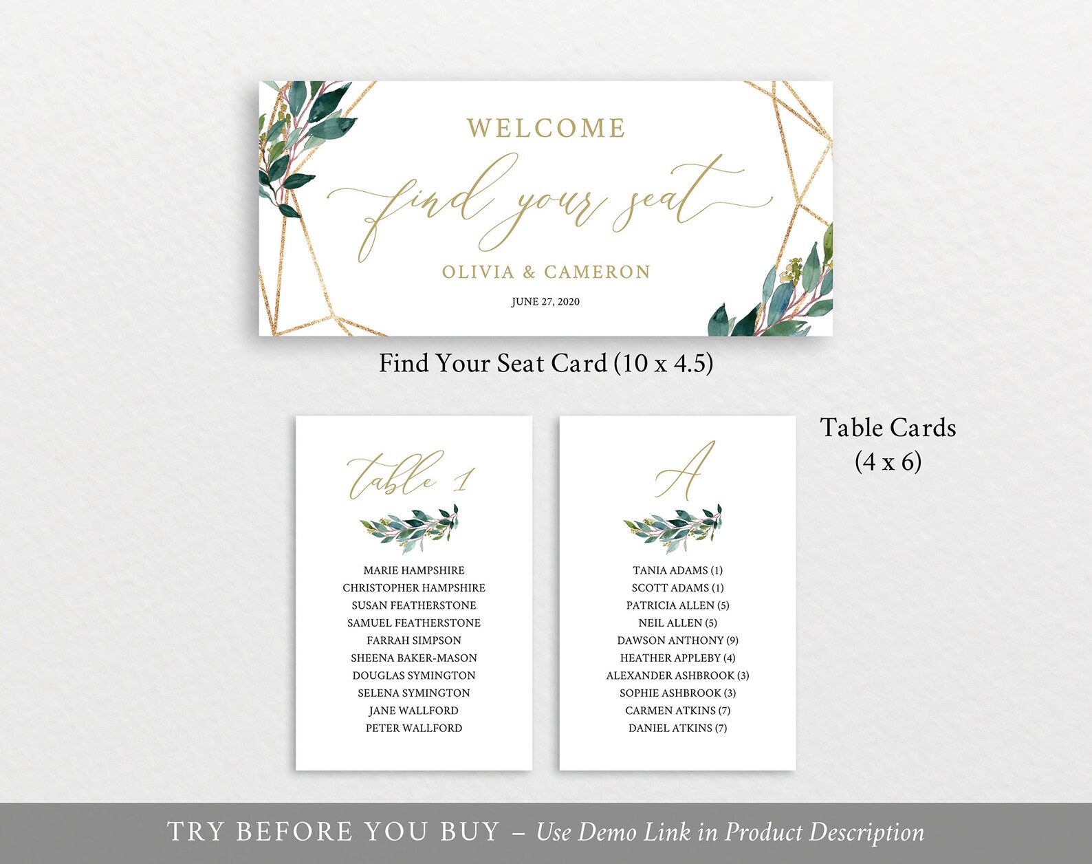 Seating Chart Sign Template Greenery Geometric Cards TRY | Etsy